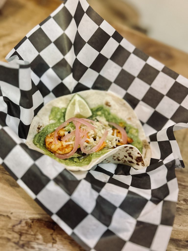 Grilled Shrimp Taco with Spring Pea Guacamole | Buona Cucina Oils and More